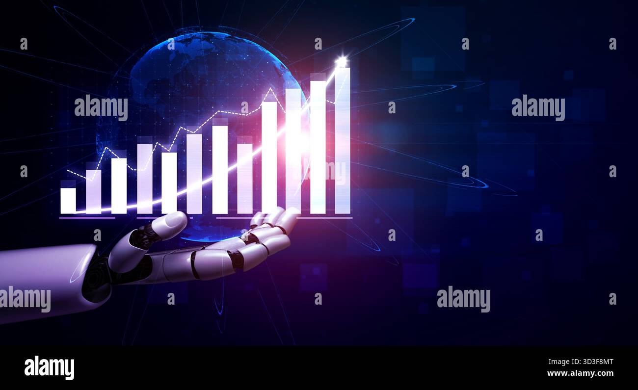 A futuristic robotic hand showcases a dynamic data graph against a ...