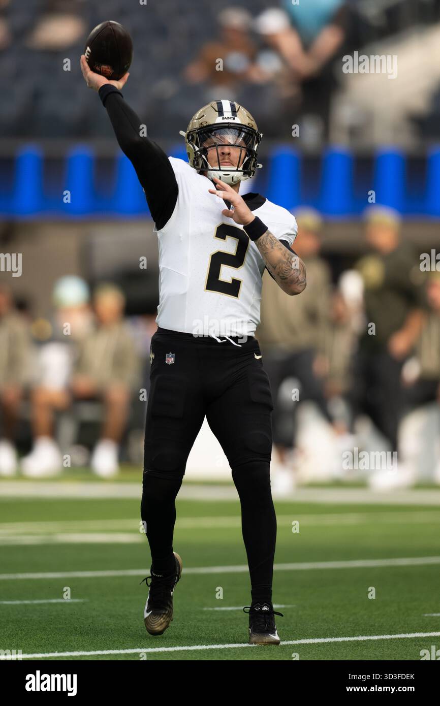 New Orleans Saints quarterback Spencer Rattler (2) throws a pass before ...