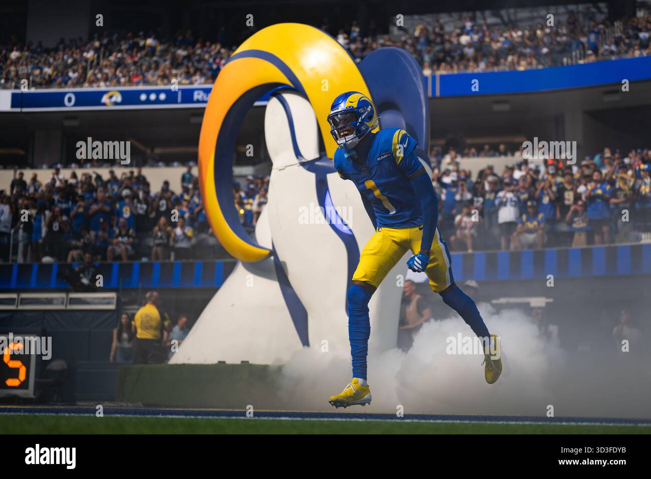Los Angeles Rams cornerback Emmanuel Forbes Jr. (1) enters the field ...