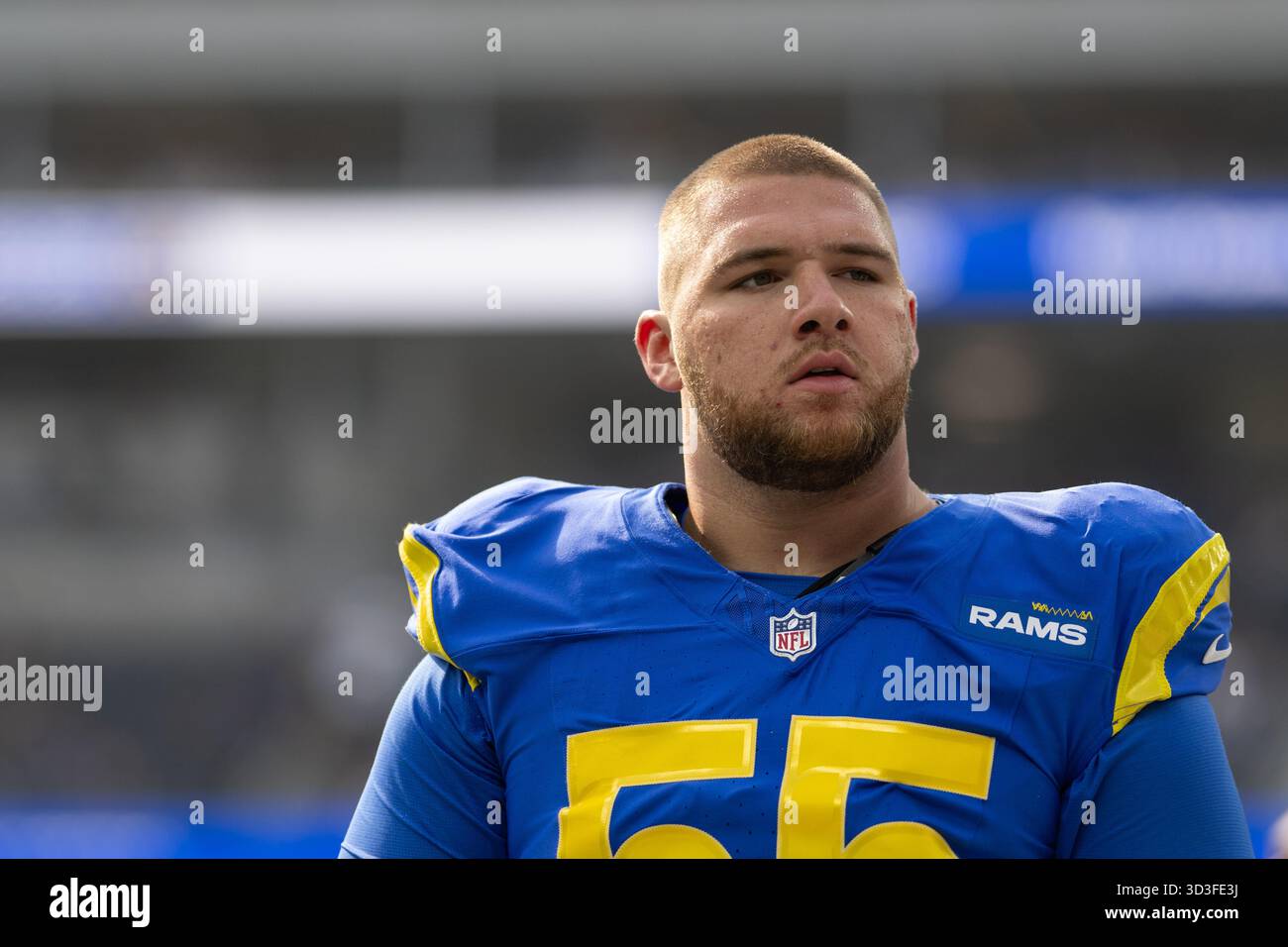 Los Angeles Rams defensive end Braden Fiske (55) walks back to the ...