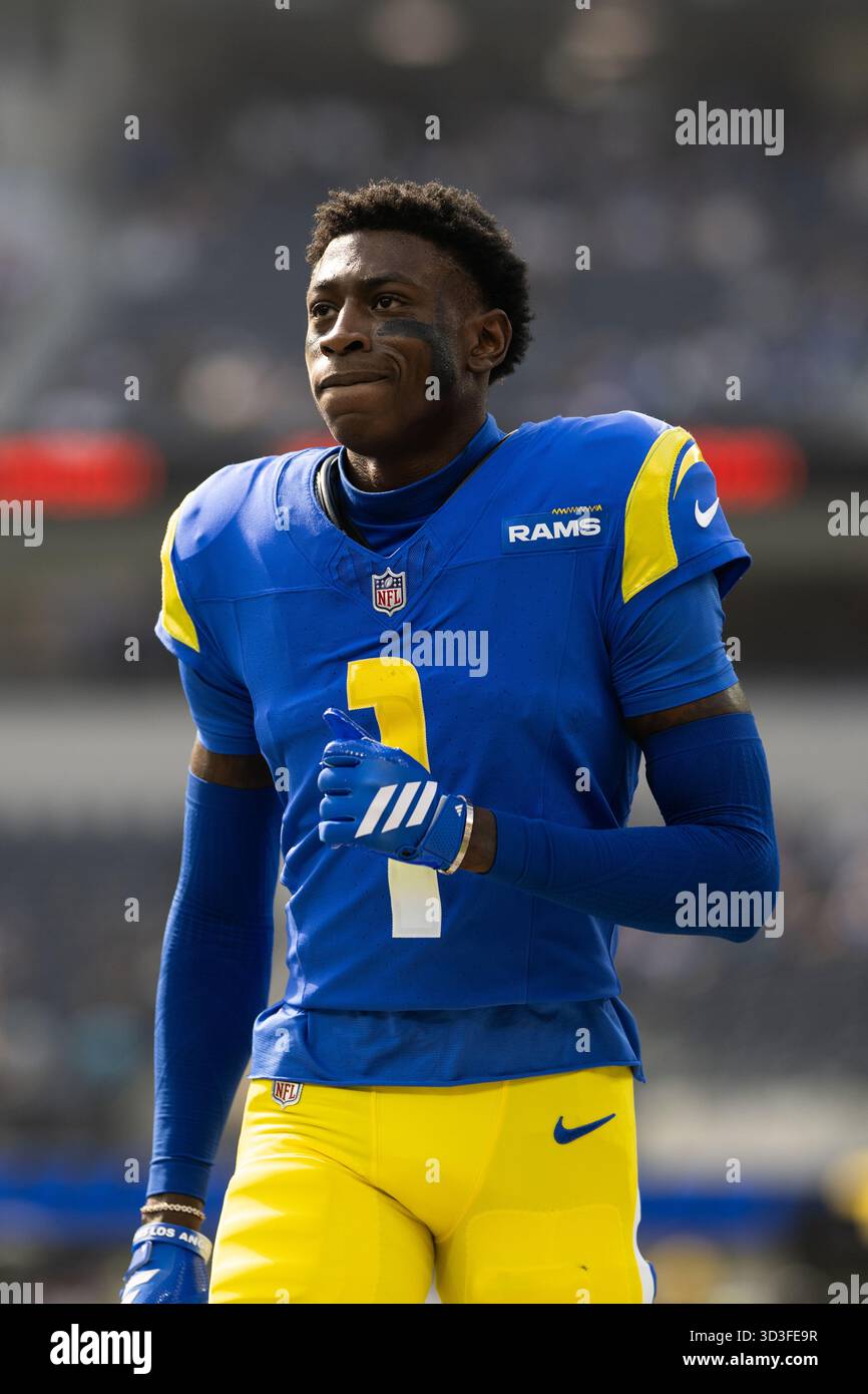 Los Angeles Rams cornerback Emmanuel Forbes Jr. (1) jogs back to the ...