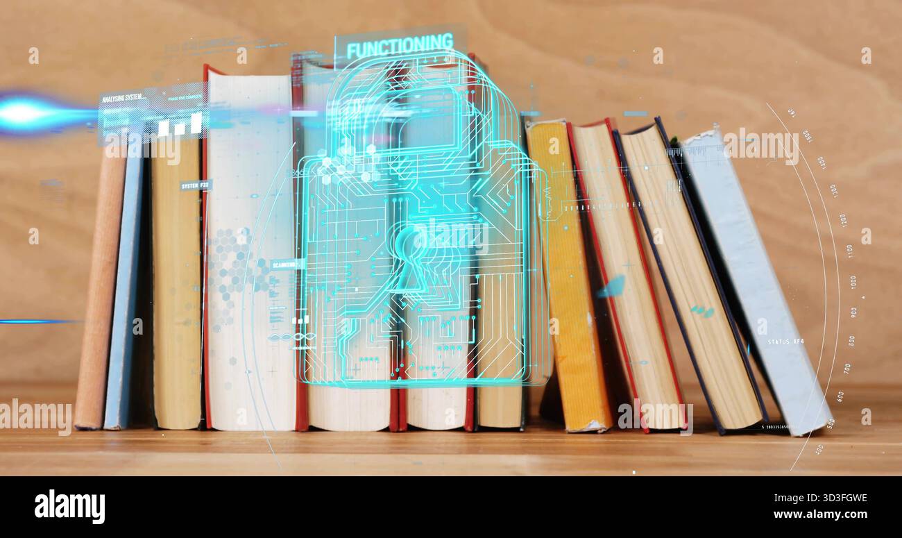 Projecting cyan holographic padlock with circuit grid over hardcover ...