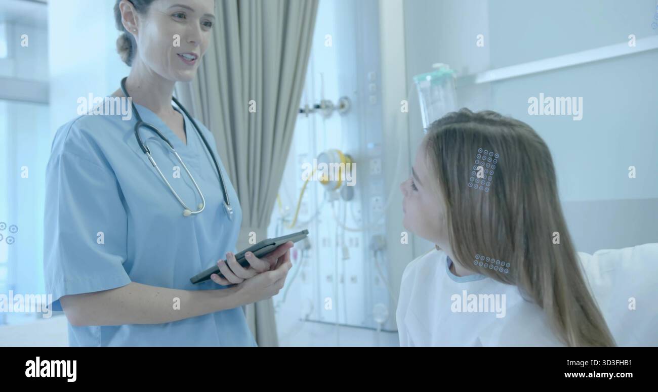 Speaking mid adult nurse using tablet to child patient in pediatric ...
