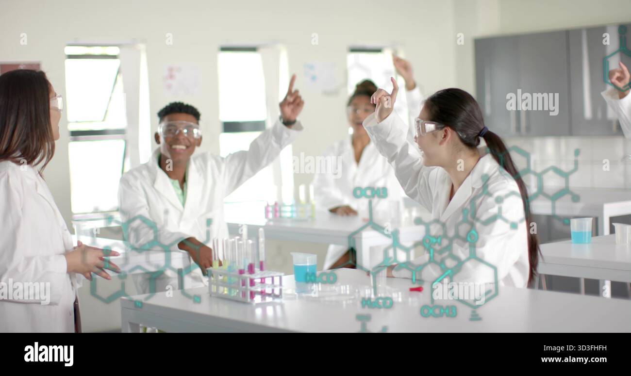 Chinese student wearing lab coat and goggles, raising hand in lab, with ...