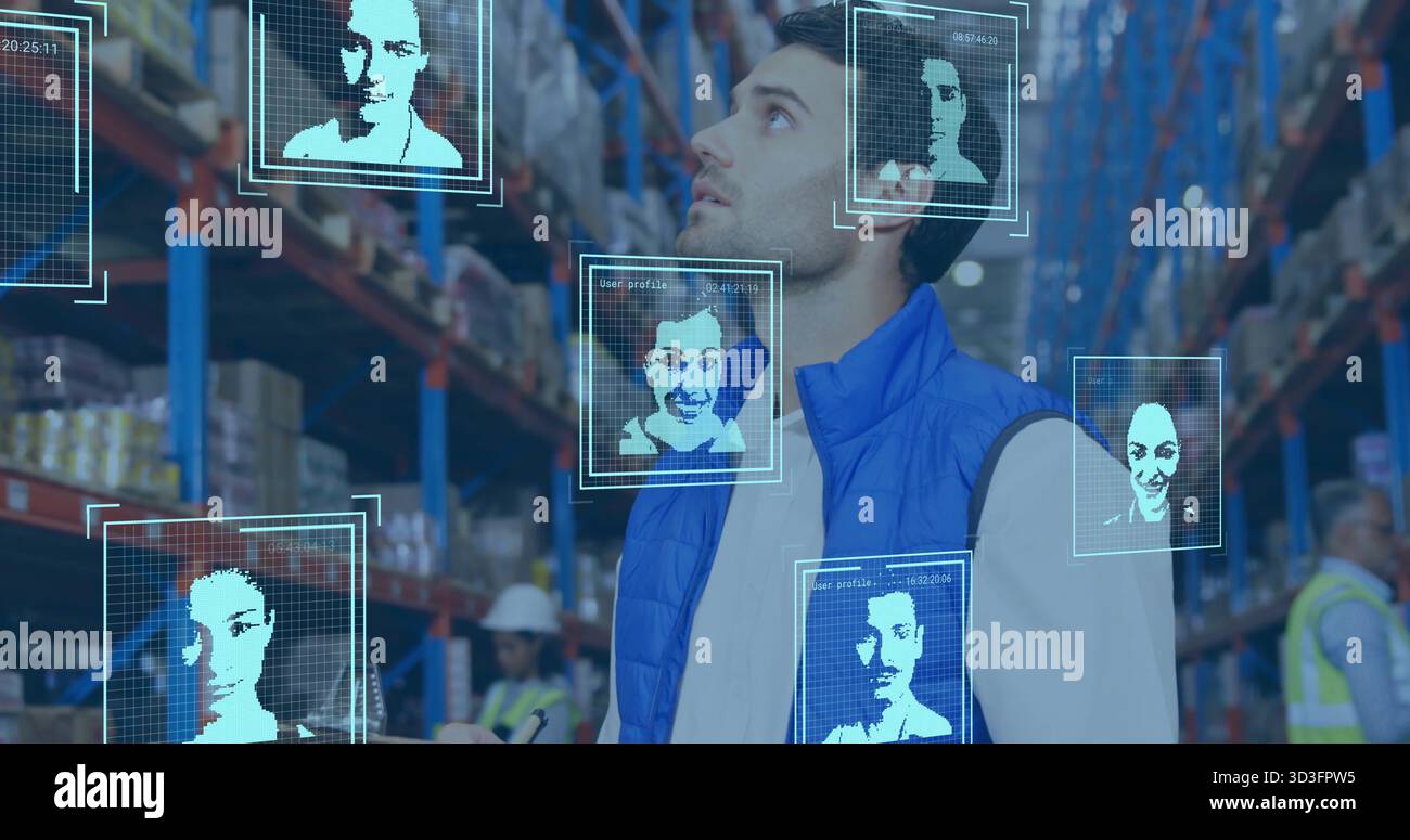 Warehouse worker in blue vest scanning boxes with handheld scanner in ...