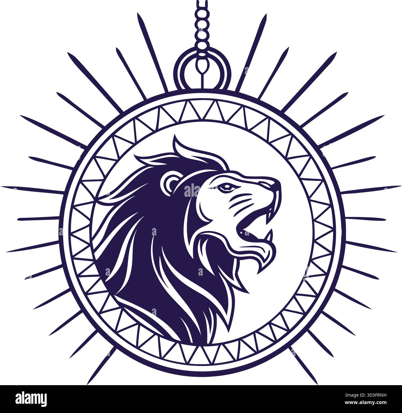Stylized roaring lion head profile. Framed by a circular medallion with ...