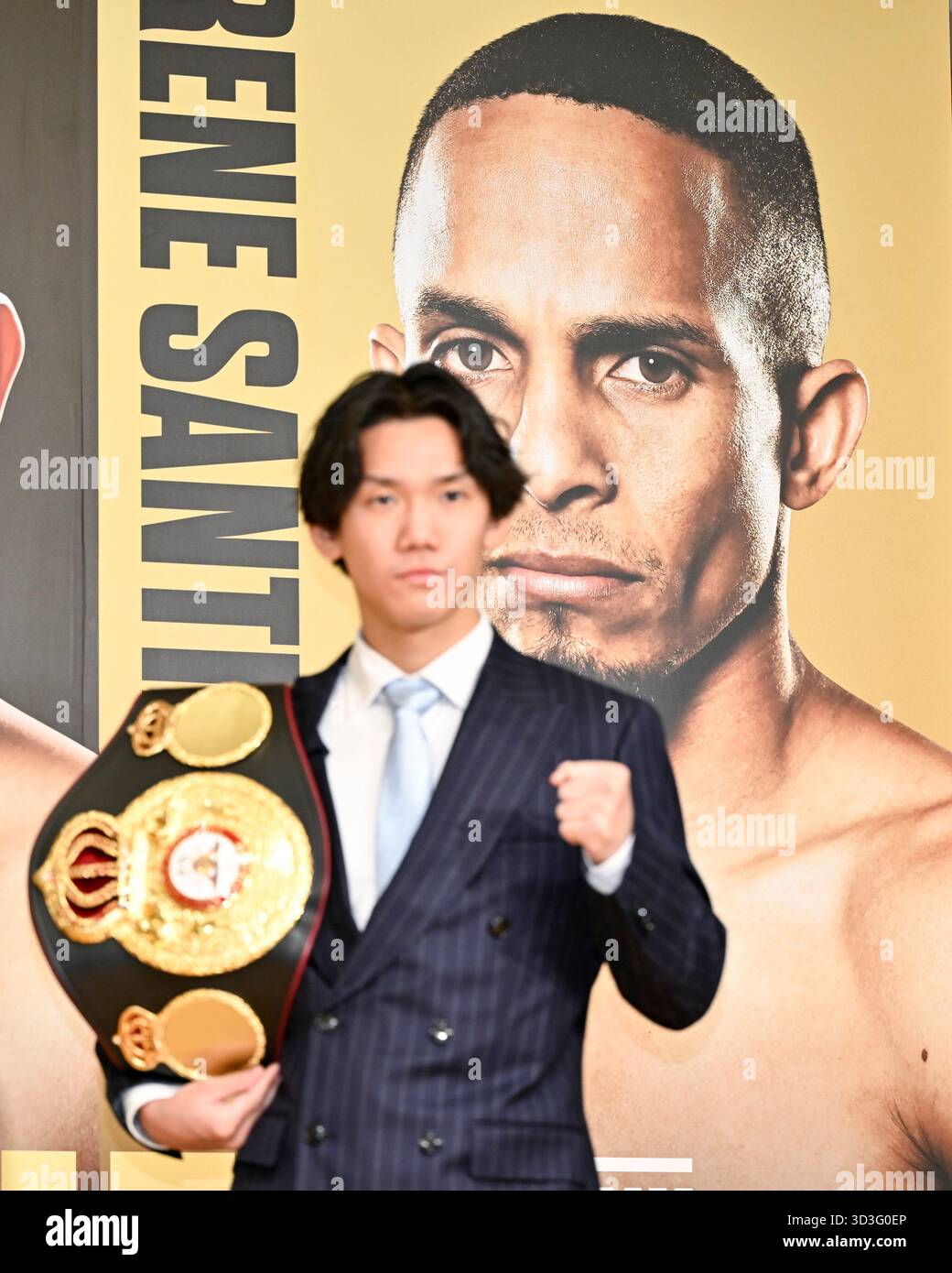 Kyosuke Takami, WBA light-flyweight champion of Japan attends a press conference at Tokyo Dome ...