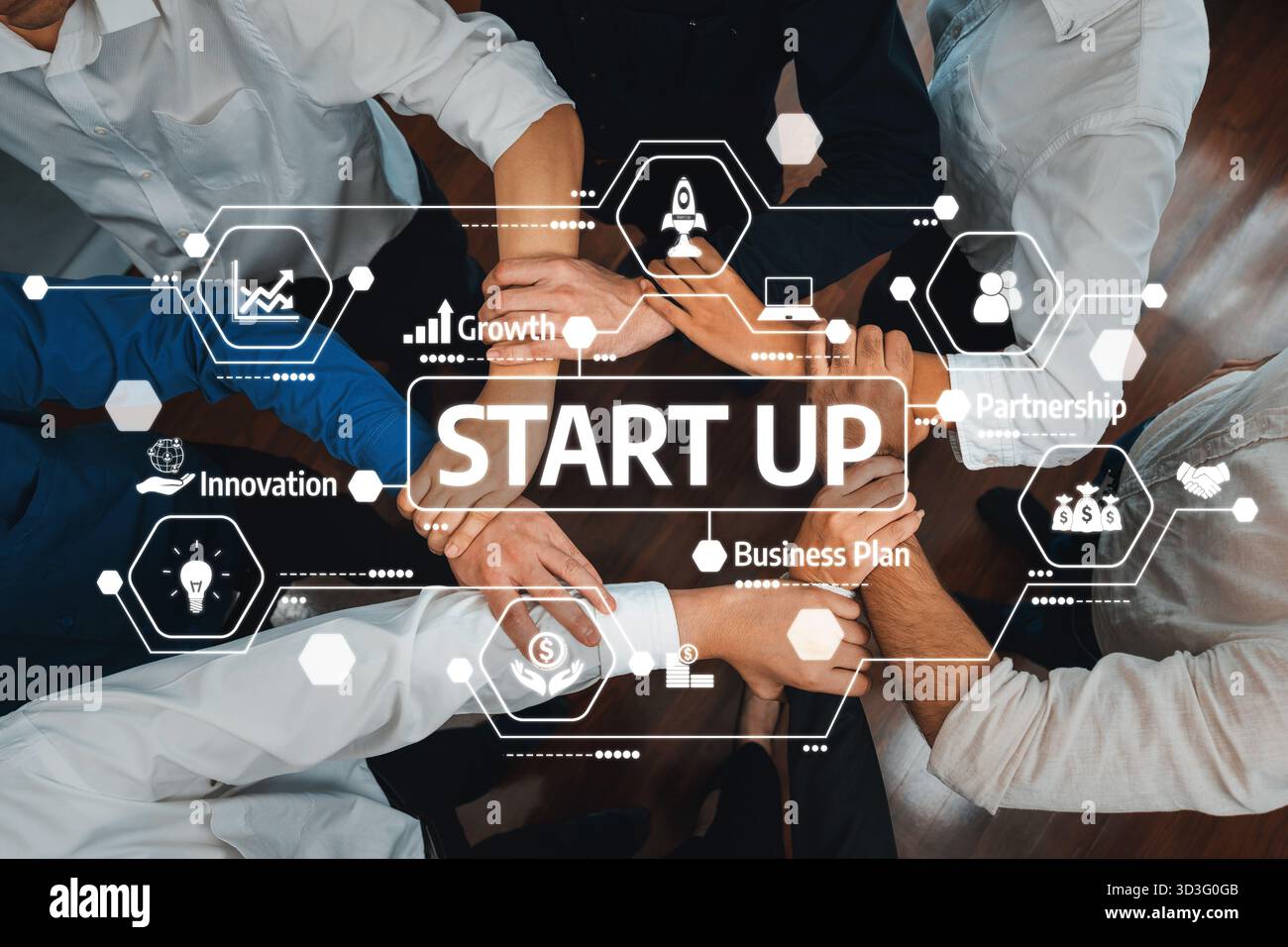 A dynamic start-up strategy meeting showcasing hands together among ...