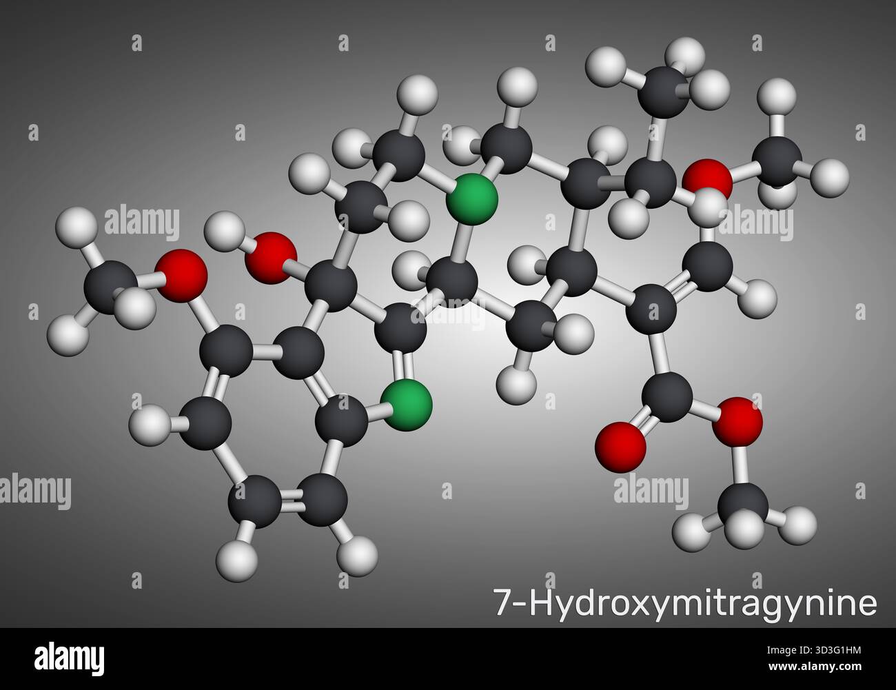 7-Hydroxymitragynine indole alkaloid from kratom. Chemical structure. Molecular model. 3D ...
