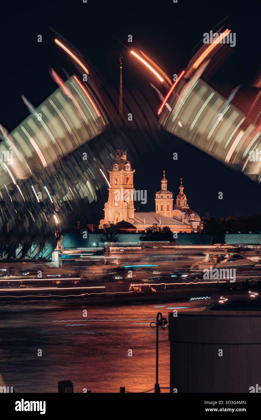 Night view of open bridges on the Neva River in St Petersburg Stock ...