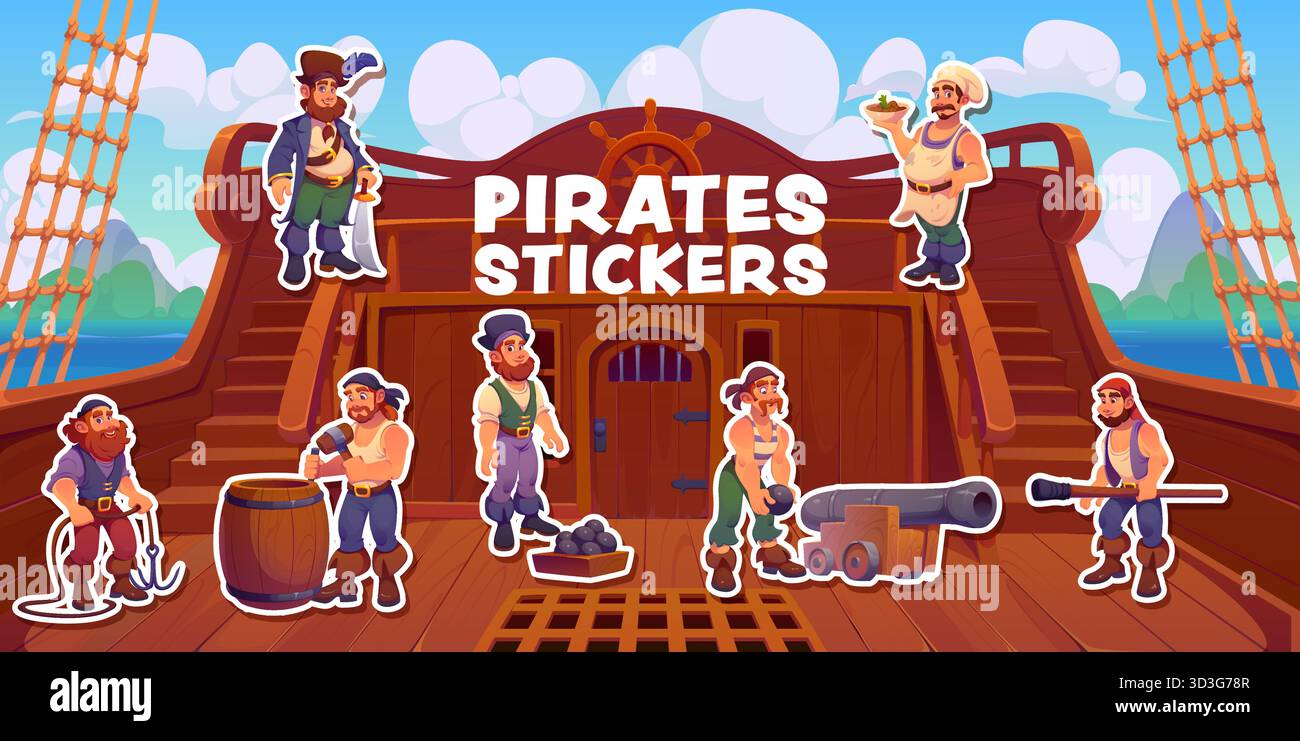 Pirate ship crew characters on deck of corsair sail boat. Vector ...