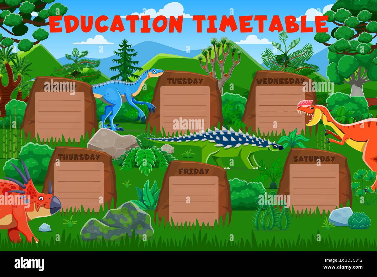 Education timetable schedule with funny prehistoric dinosaurs. Weekly ...