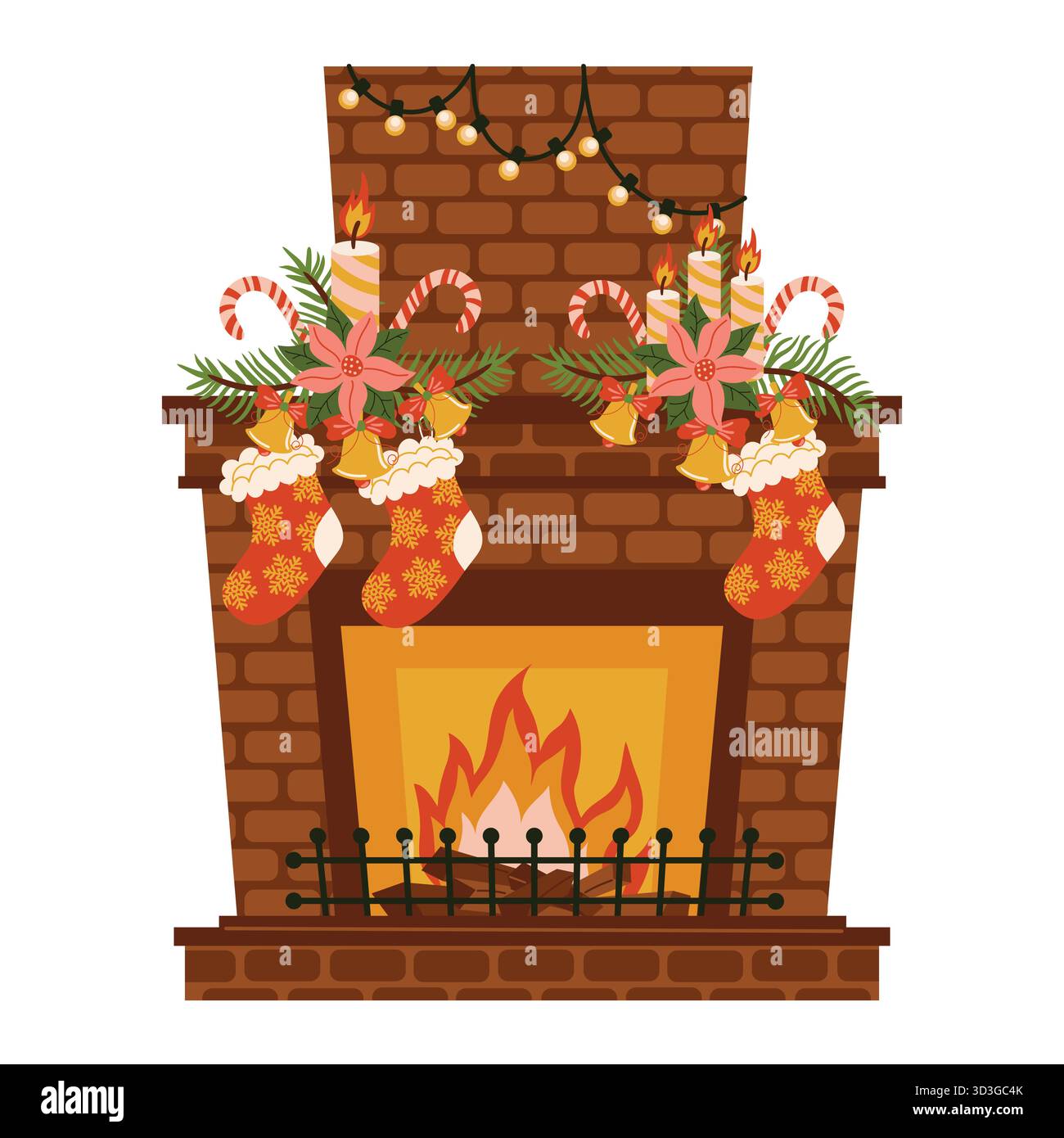 A cute Christmas fireplace with a burning fire and decor with stockings ...