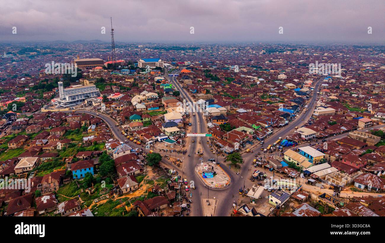 Aerial view of a vibrant city with densely packed buildings, roads ...