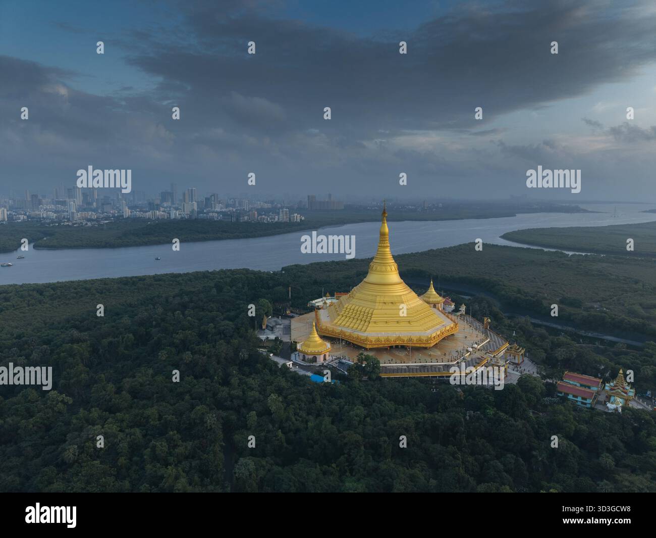 Aerial view of the radiant Global Vipassana Pagoda gleaming amidst the ...