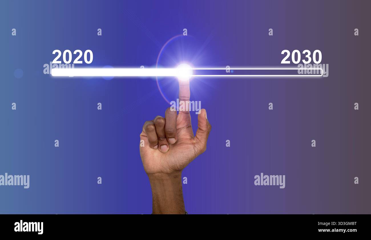 Human hand touching a glowing timeline bar between 2020 and 2030 on a ...