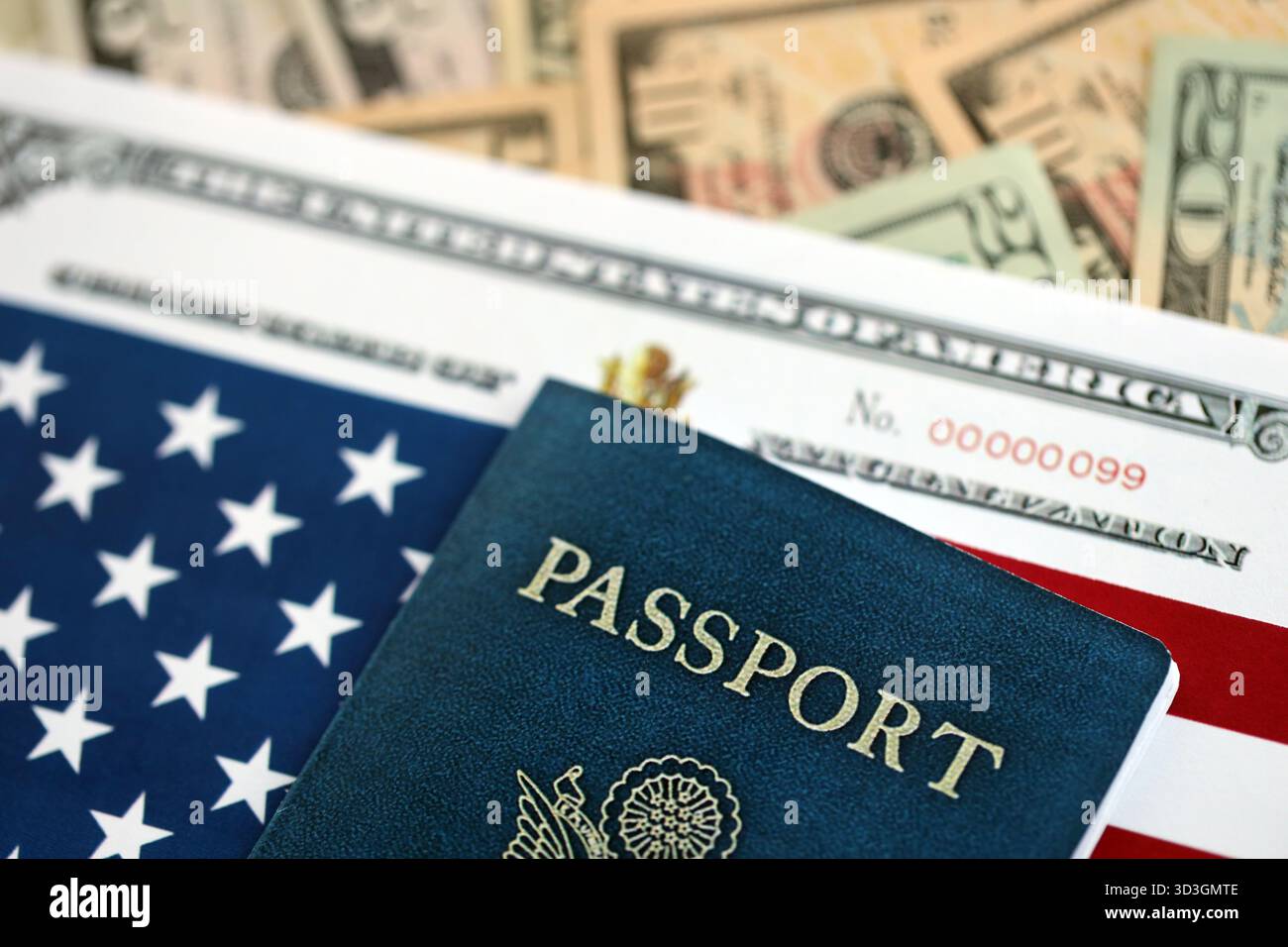 US Certificate of Naturalization with US flag and Passport on money ...