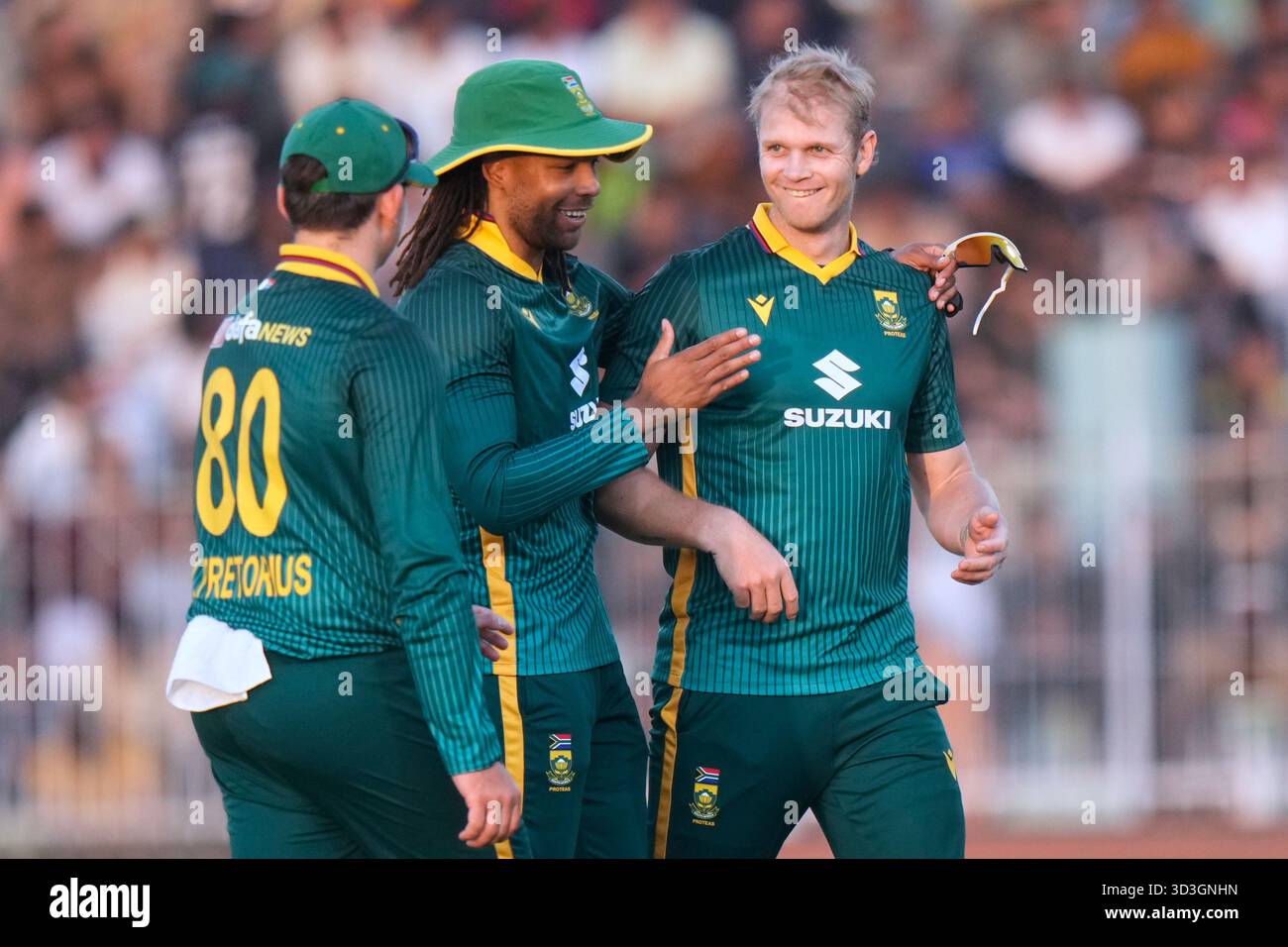 South Africa's Corbin Bosch, right, celebrates with teammates after the ...