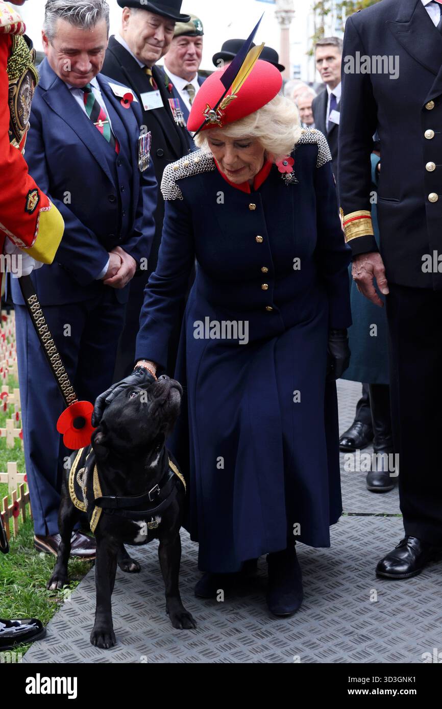 Queen Camilla pets a dog during a visit to the Field of Remembrance, at ...