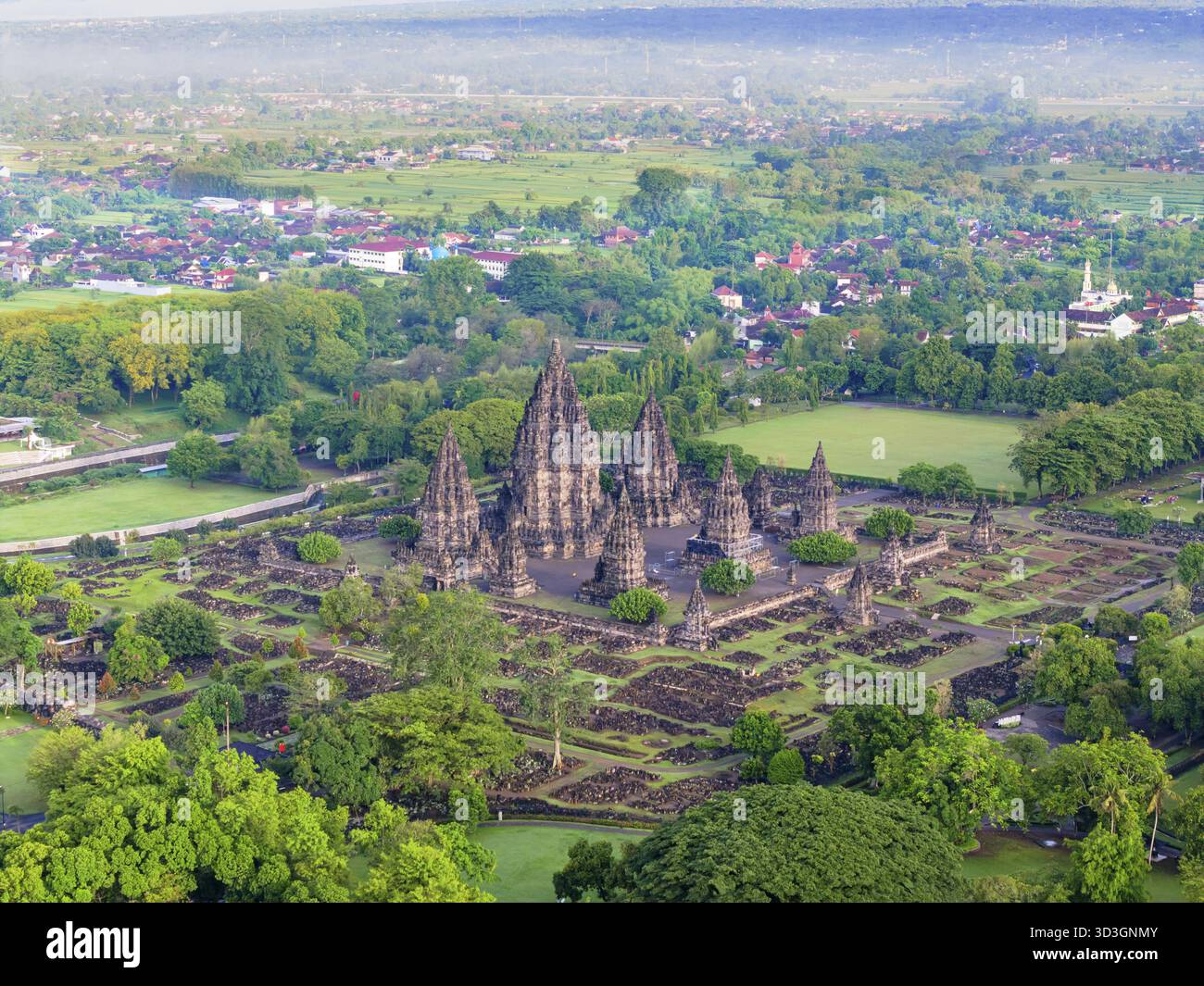 Aerial view of Prambanan Temple's ancient spires rise majestically ...