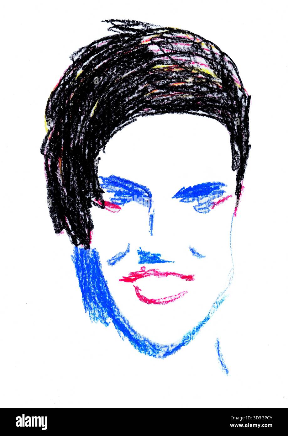 Playful oil pastel portrait of Elvis Presley with expressive blue and ...