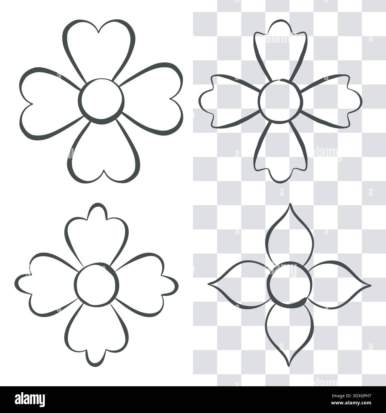 Flower daisy icon set, linear outline decorative isolated shape, hand ...