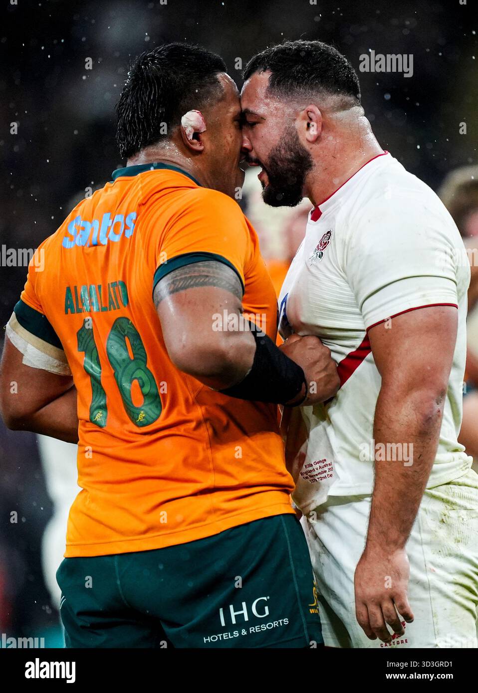 England's Ellis Genge (left) and Australia's Allan Alaalatoa during the ...