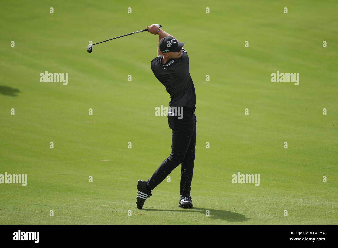 Nicolai Hojgaard of Denmark plays his second shot on the 16th hole ...