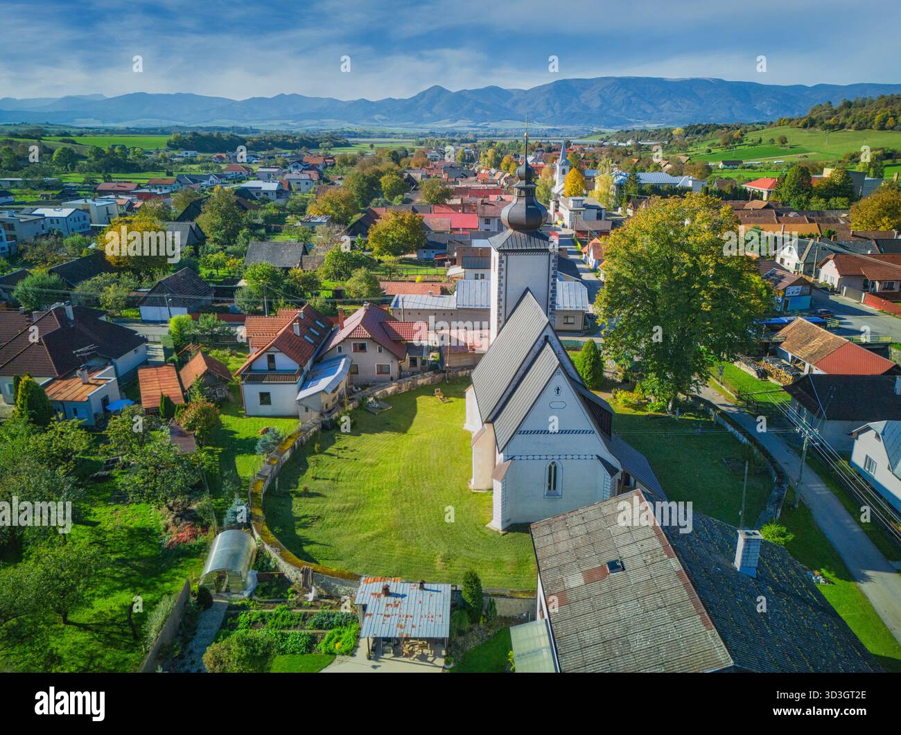 Aerial view of the Roman Catholic Church of the Body of God stands tall ...
