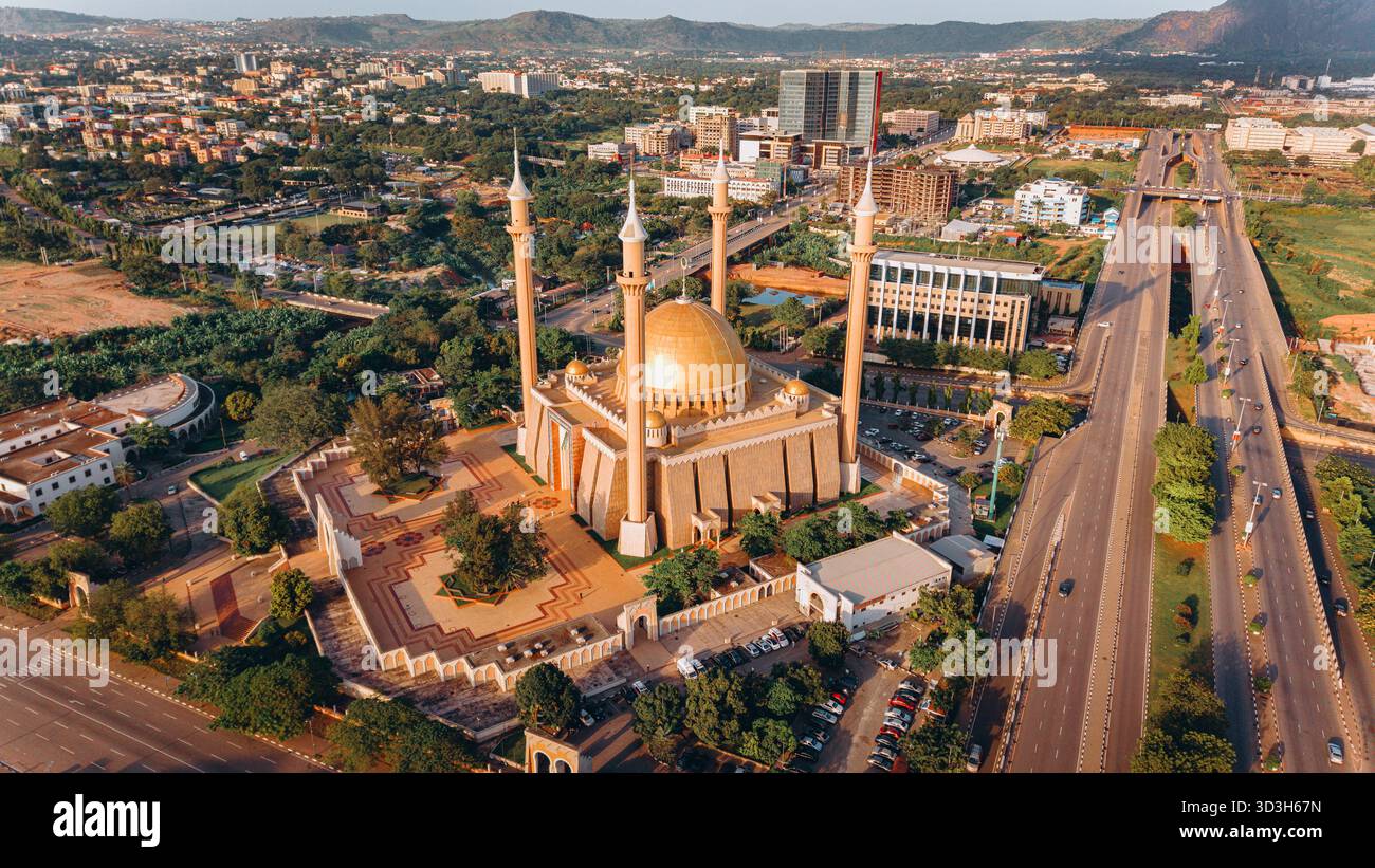 Aerial view of the majestic National Mosque's golden dome and minarets ...
