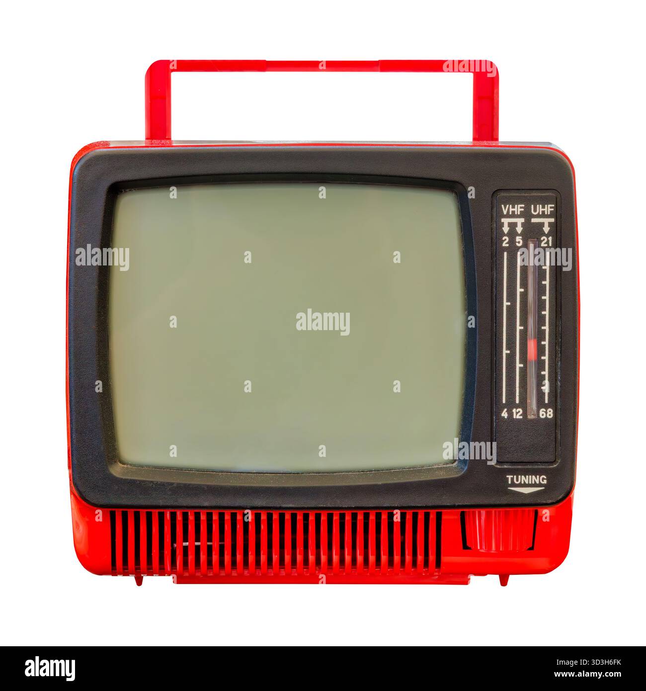 Orange vintage portable television set from the seventies isolated on a ...