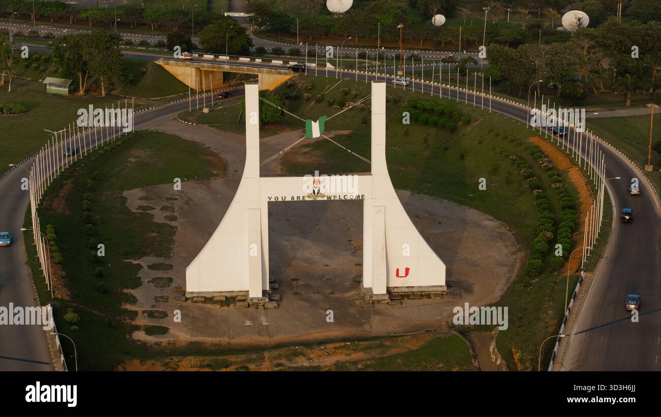 Aerial view of the imposing welcome gateway stands proudly, its clean ...