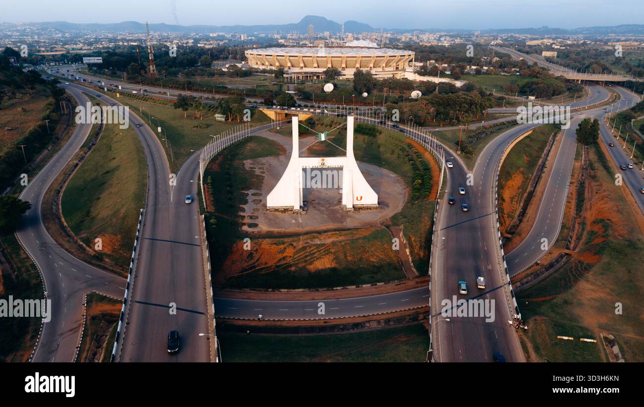 Aerial view of the iconic Abuja City Gate stands majestically at the ...