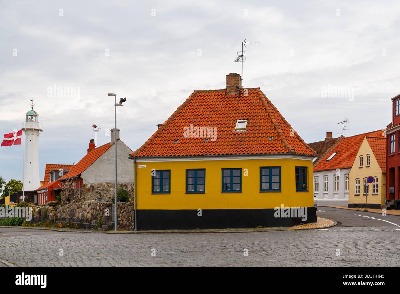 houses in Kirkeplads with Rønne Bagfyr lighthouse at Ronne, Bornholm ...