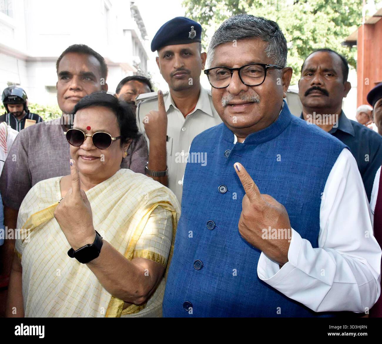 PATNA, INDIA - NOVEMBER 6: BJP MP Ravishankar Prasad with his wife Maya ...