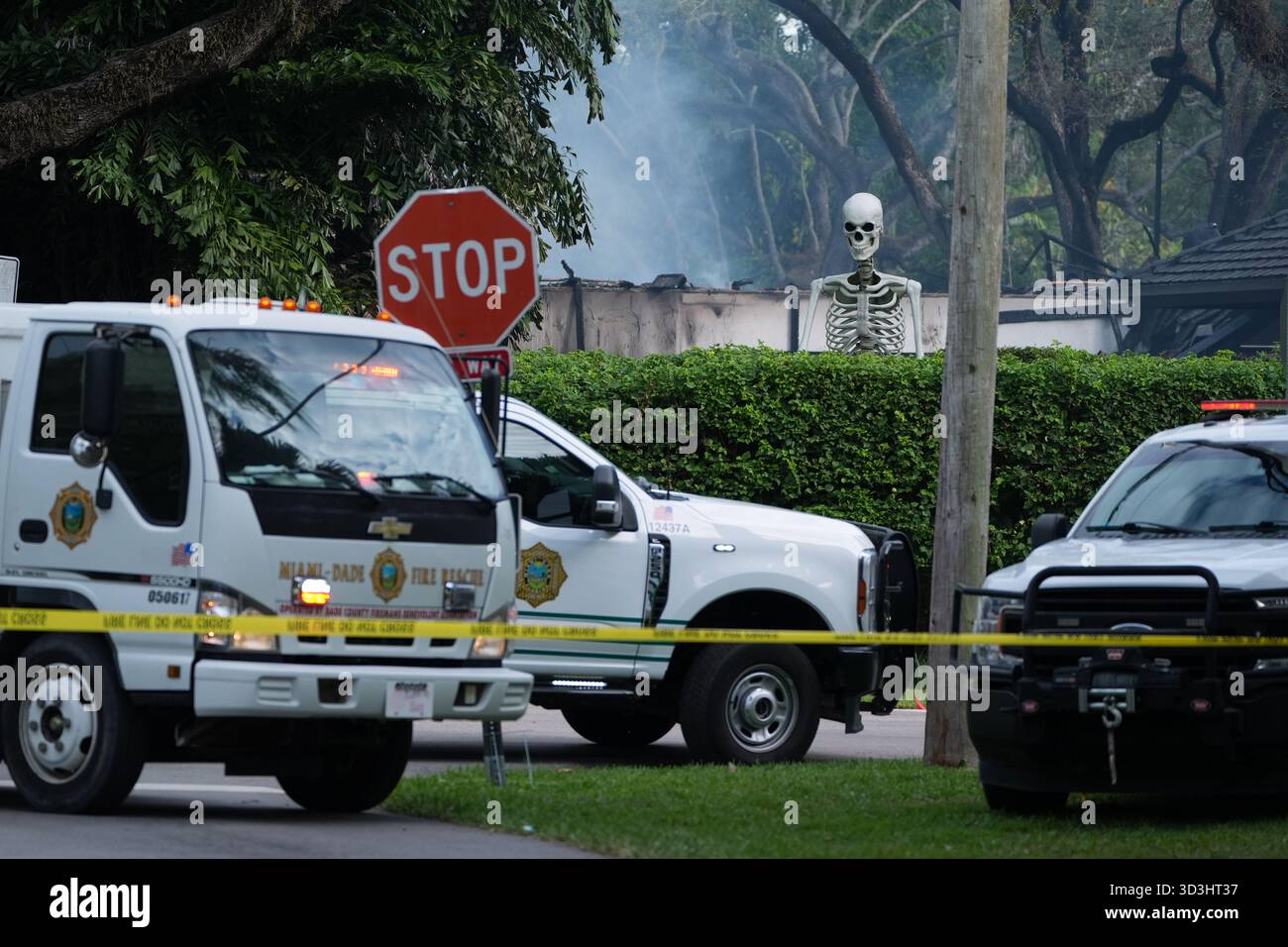 A leftover Halloween skeleton is seen over a privacy wall as ...