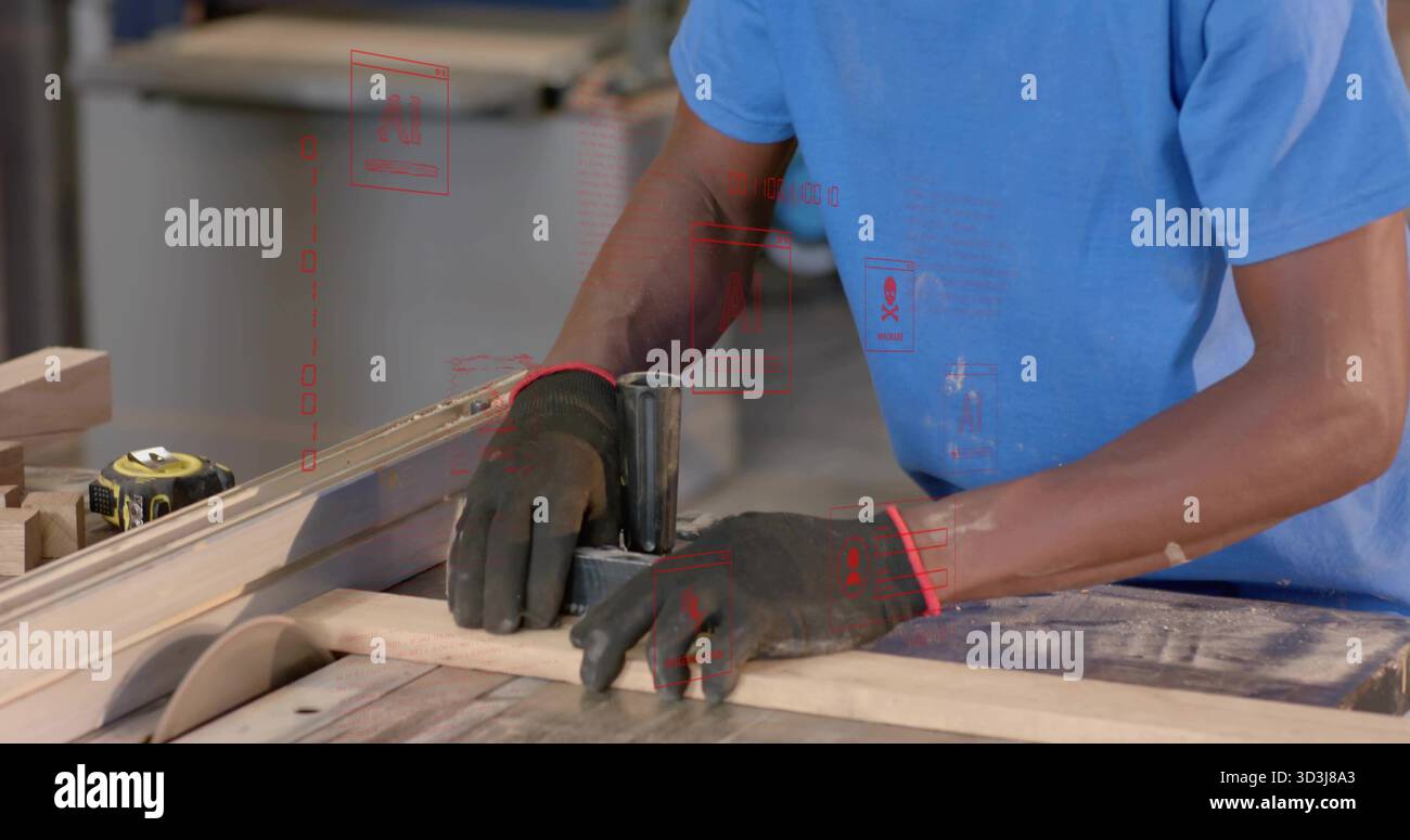Cutting plank on table saw in woodshop, woodworker wearing gloves with ...