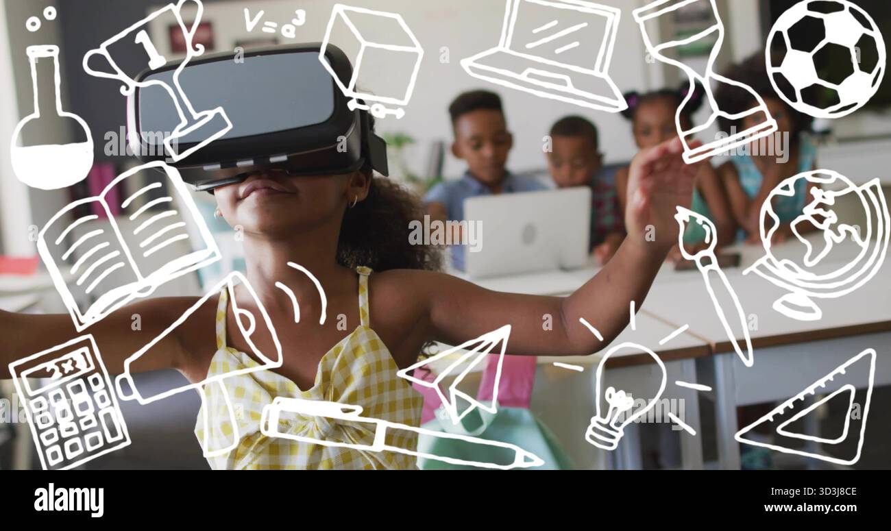 Using VR headset child in yellow check dress stretching arms at ...