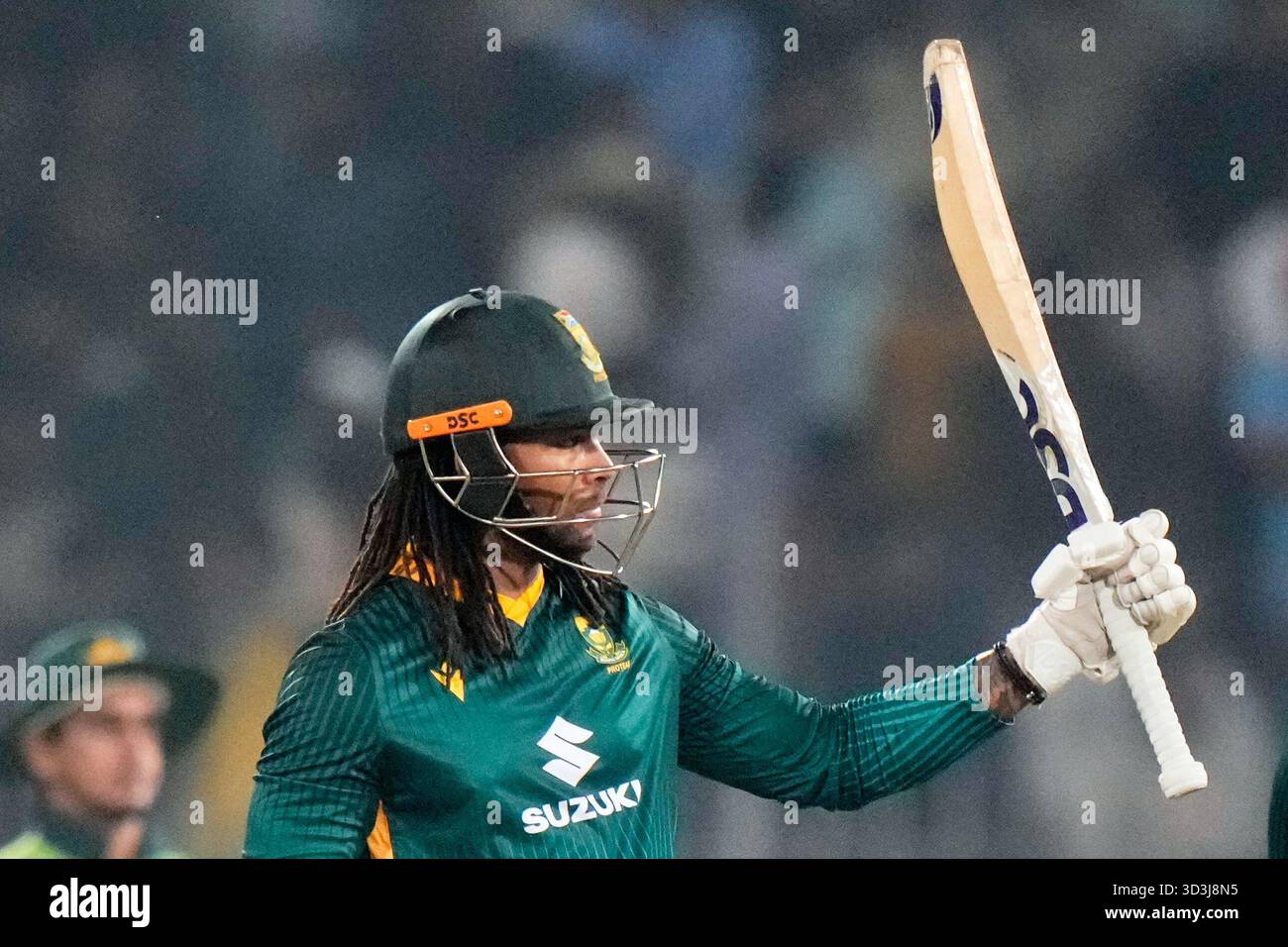South Africa's Tony de Zorzi celebrates after his fifty runs during the ...