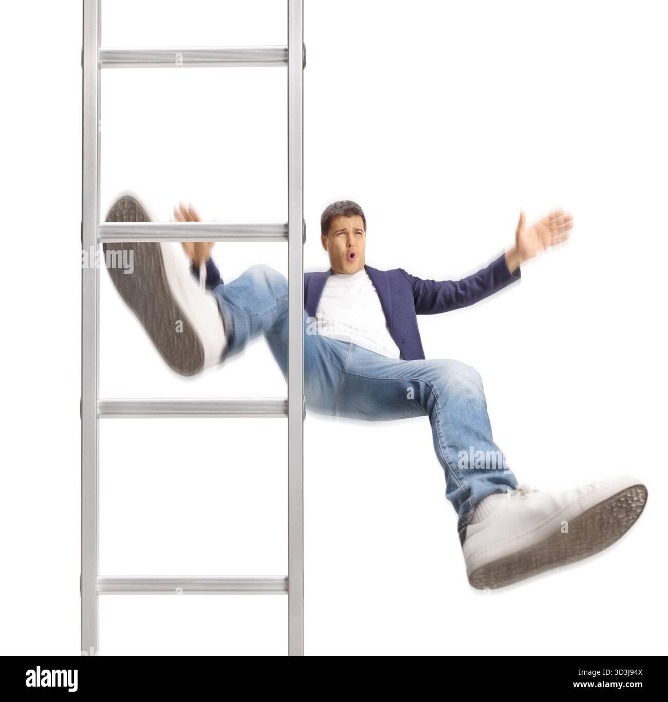 Young man falling from a ladder isolated on white background Stock ...