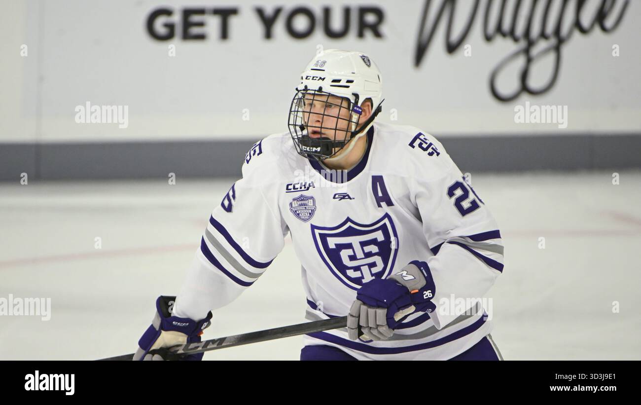 St. Thomas defenseman Chase Cheslock skates to the puck against ...