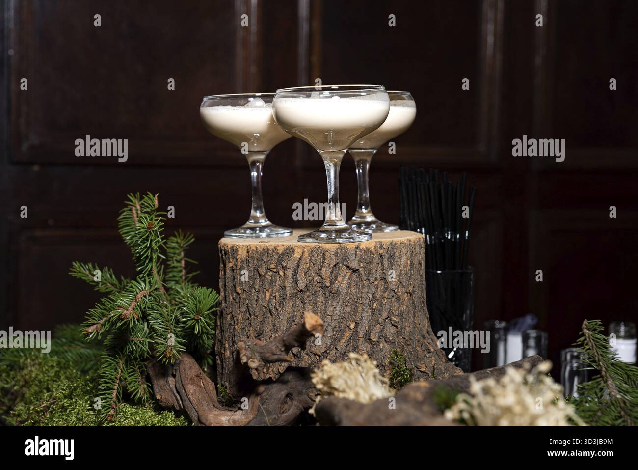 Food, Elegant creamy cocktails in coupe glasses presented on a tree ...