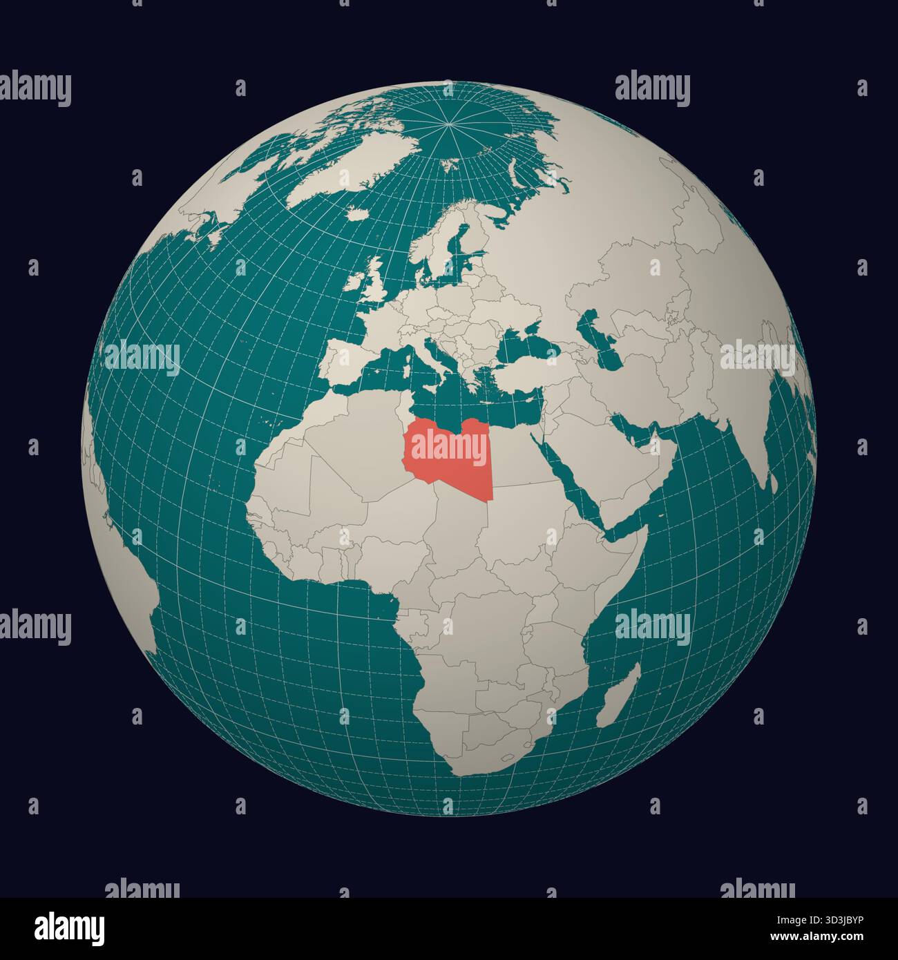Libya on the map. Globe centered on Libya. Country location on the ...
