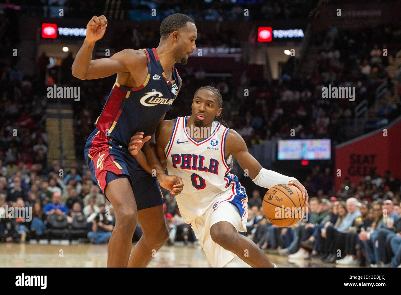 Cleveland Cavaliers' Evan Mobley, left, defends against Philadelphia ...