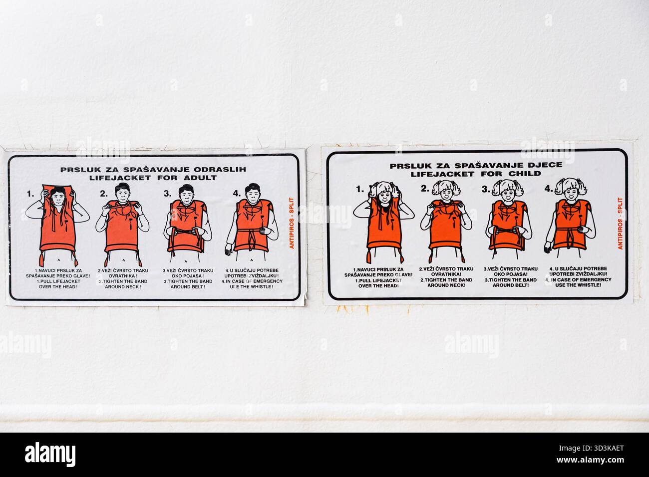 Two safety instruction cards illustrate proper life jacket wear for ...