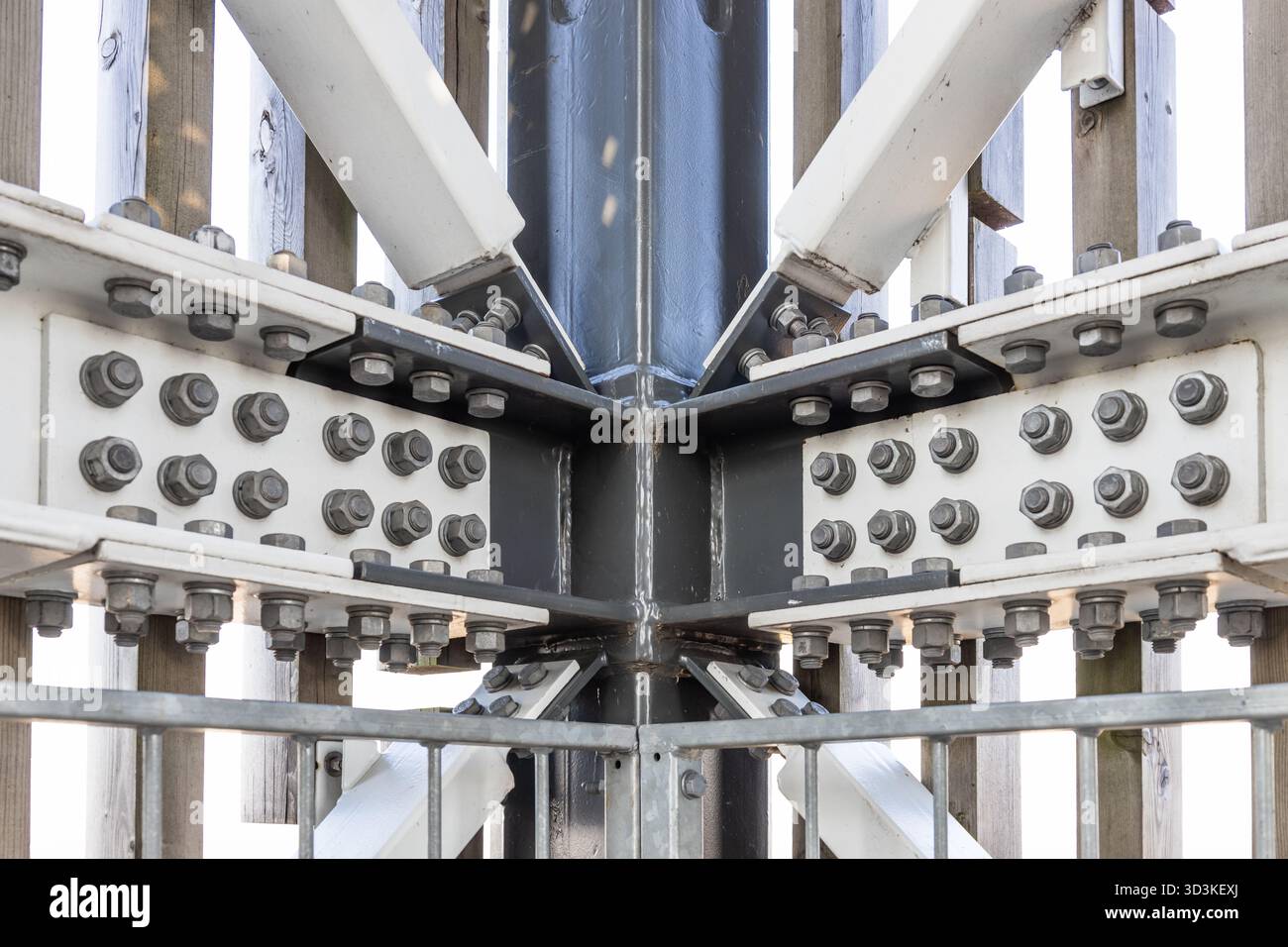 Symmetrical steel joint with bolted gusset plates on beams Stock Photo ...