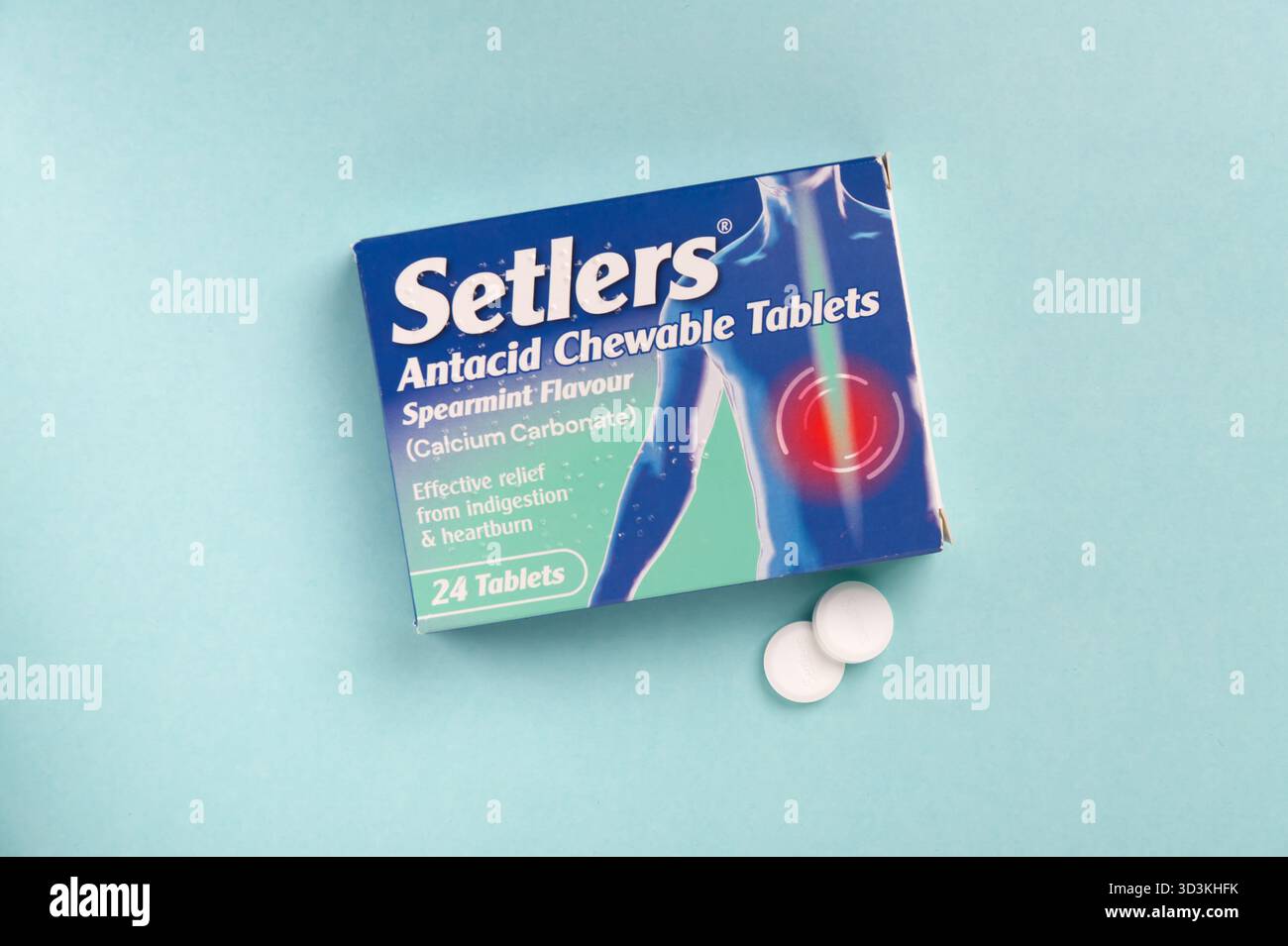 Packaging studio shot of pack of Setlers antacid tablets showing retail ...