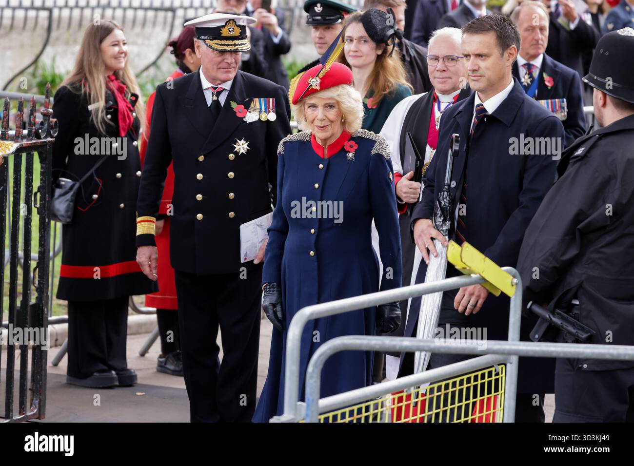 Queen Camilla, Patron of The Poppy Factory, departs after attending the ...