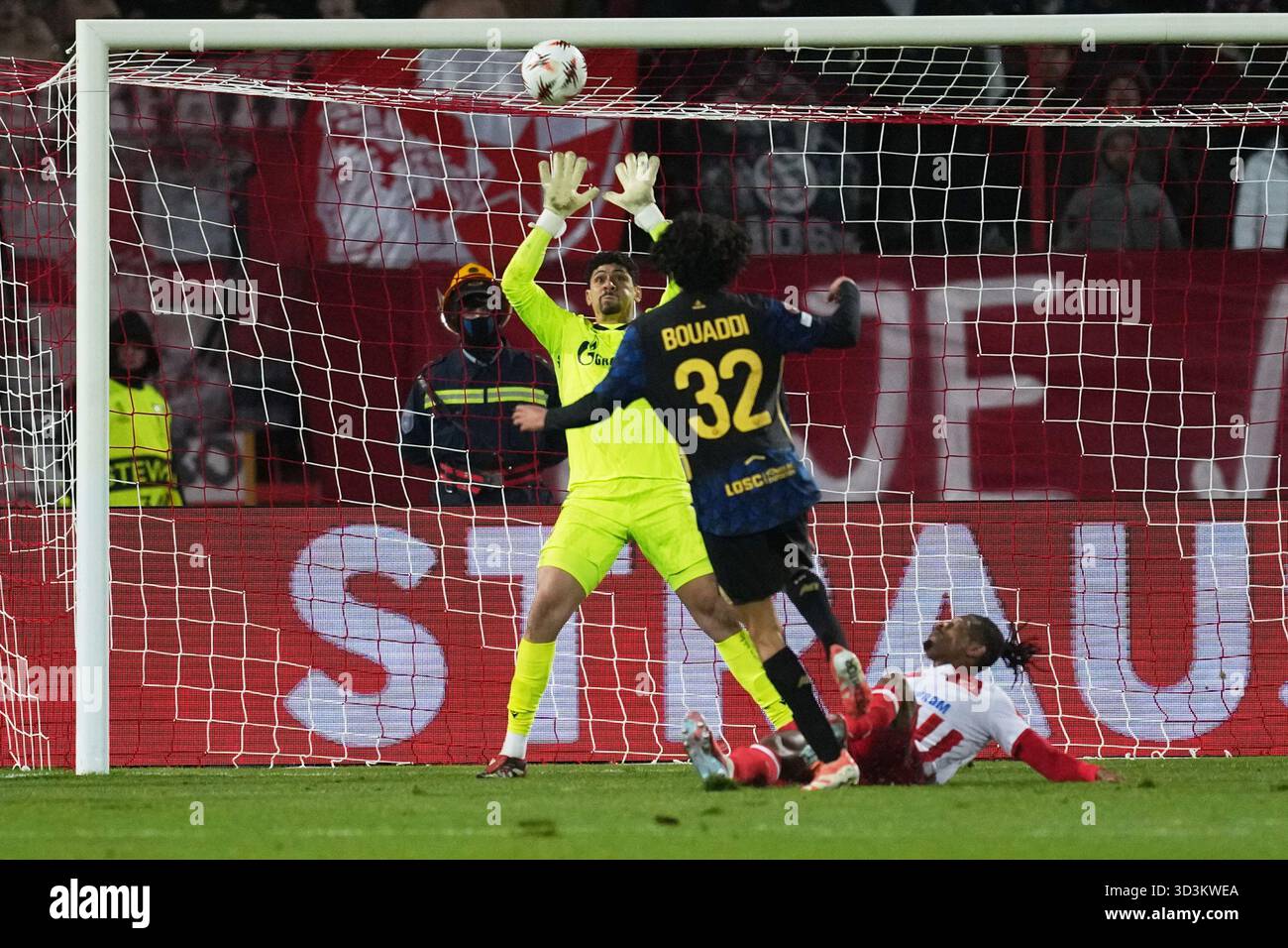 Red Star's goalkeeper Matheus makes a save during the Europa League ...