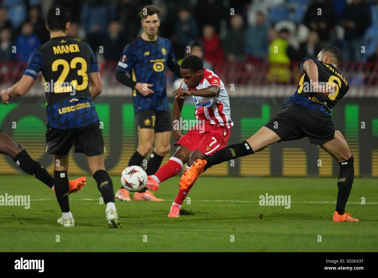 Red Star's Milson takes a shot at goal during the Europa League opening ...